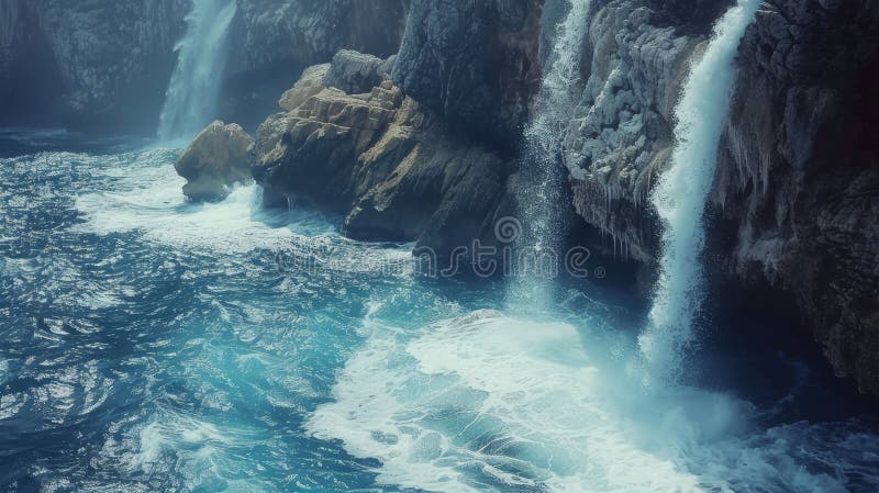 Summer Sea and Ocean Blue Falls Stock Illustration - Illustration of ...