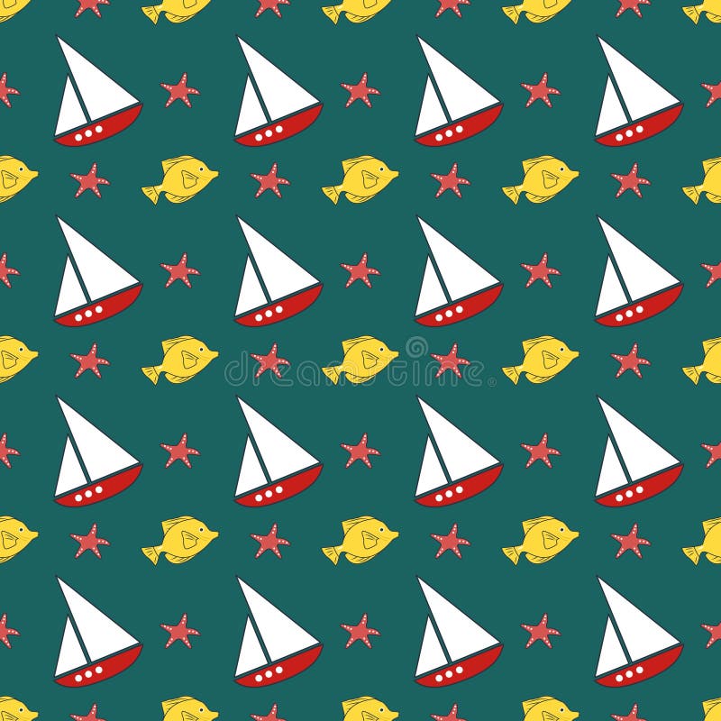 Summer Sea Pattern with Ships, Fish and Starfish on a Blue Background ...