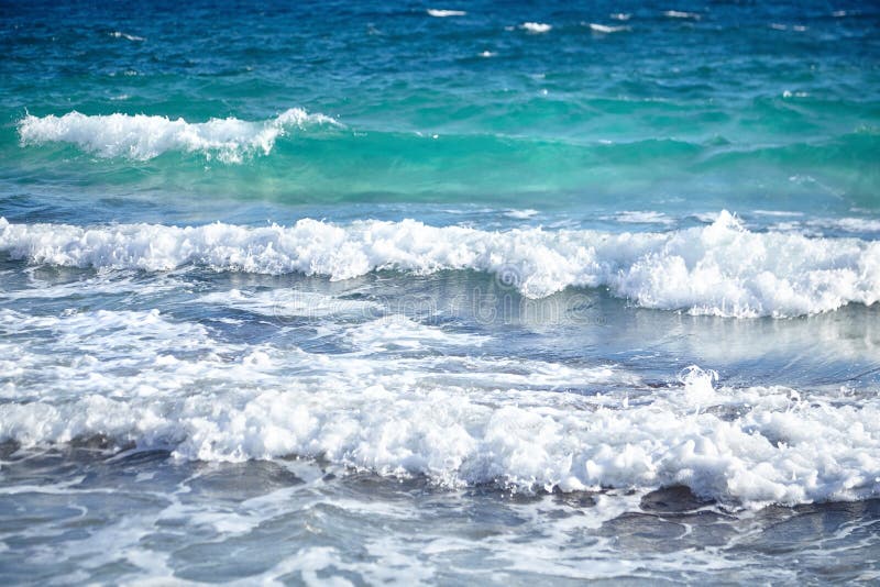 Summer Sea Water with White Waves. Empty Sand Beach with Azure Water ...