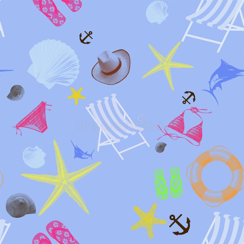 Summer Seamless Pattern in Blue Colors Stock Illustration ...