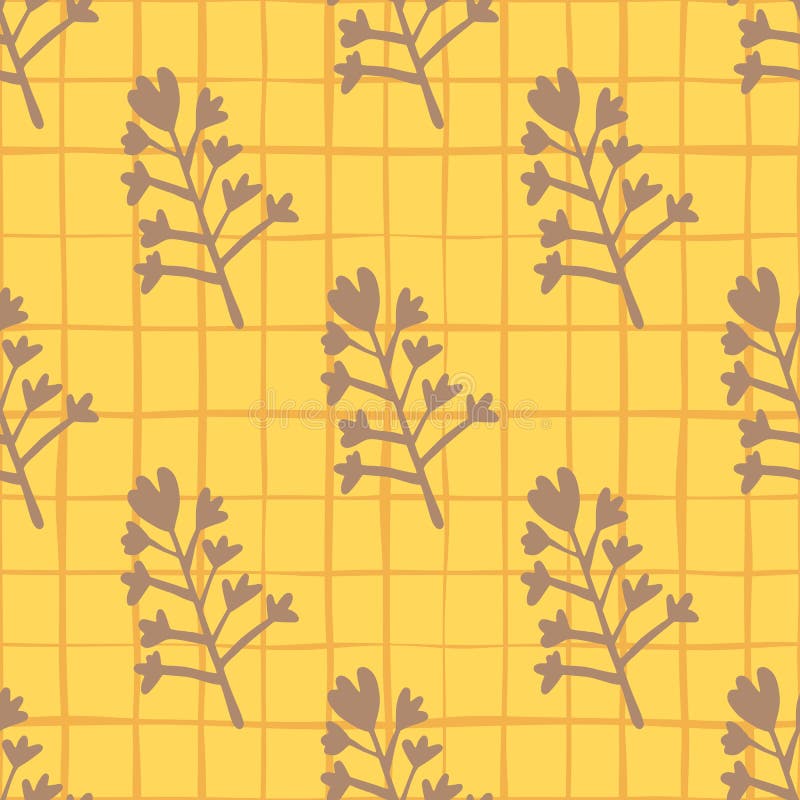 Summer Seamless Pattern with Botanic Grey Silhouettes. Yellow Chequered ...