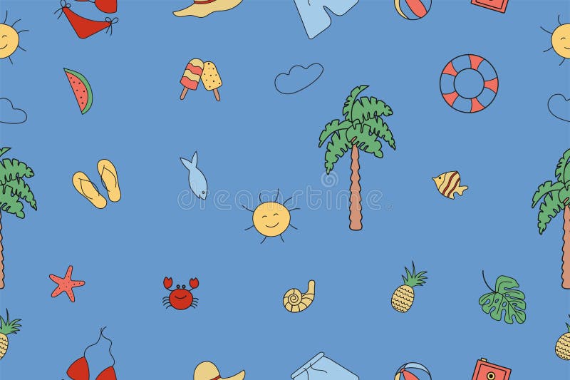 Summer Seamless Pattern, Hand-drawn in Doodles. Suitable for Printing ...