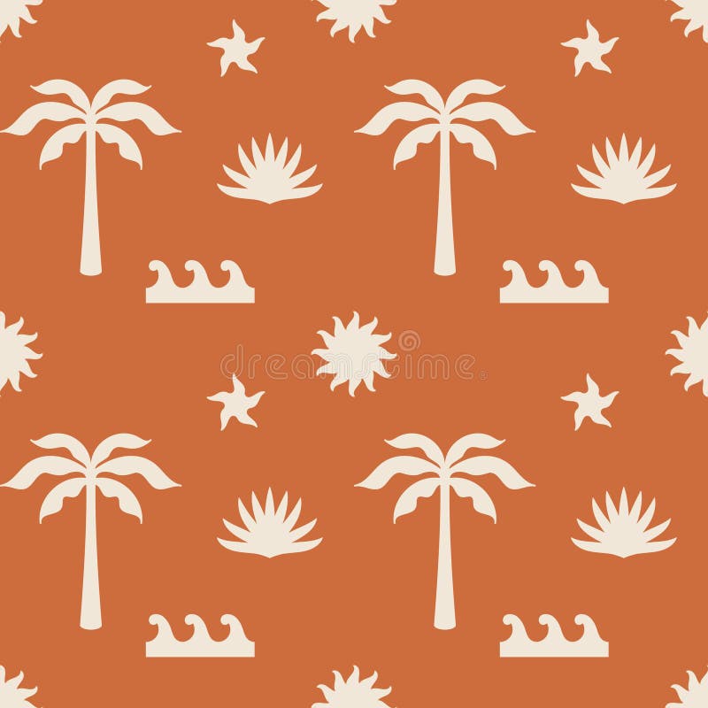 Summer Seamless Pattern with Palm Trees, Sun, Waves. Boho Seamless Pattern Stock Illustration ...
