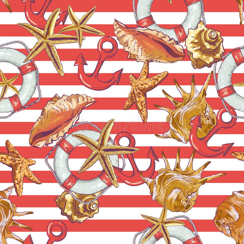 Summer Seamless Pattern with Sea Shells, Anchor Stock Vector ...