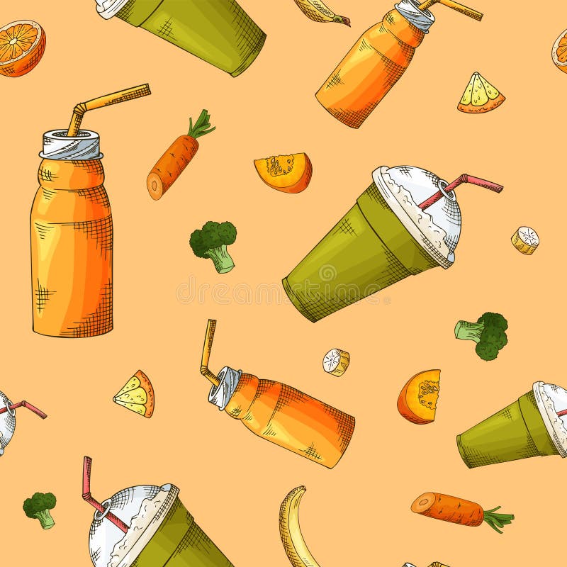 Summer Seamless Pattern with Smoothies. Sketch Style with Fruits and ...