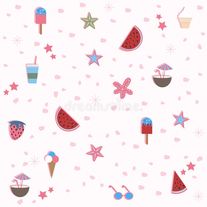 Summer Seamless Pattern. Stylized Summer Elements with Shadows Stock ...