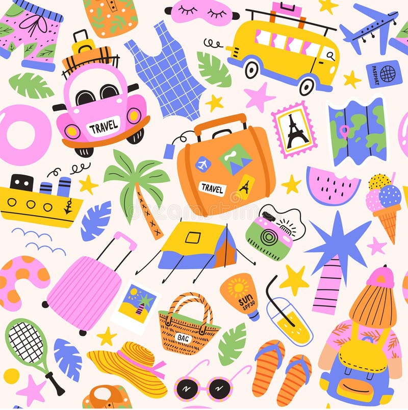 Summer Seamless Pattern with Travel Beach Objects in Cartoon Style ...