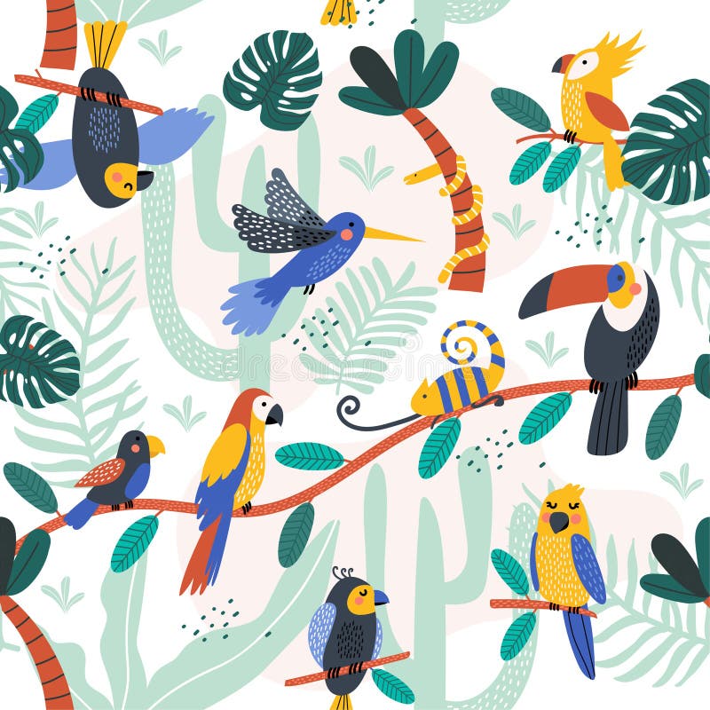 Summer Seamless Pattern with Tropical Birds, Palm Leaves. Vector ...