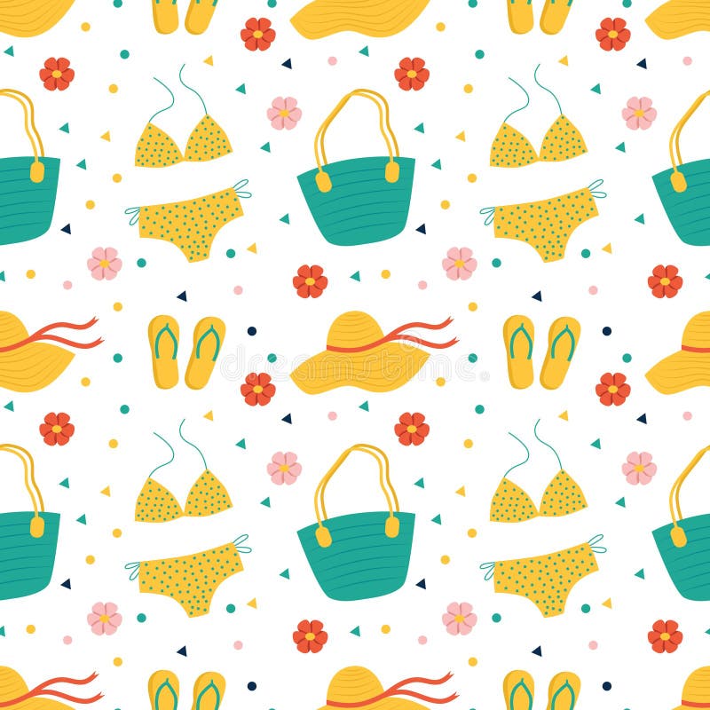 Summer Seamless Pattern of Women`s Beach Items. Flat Vector ...