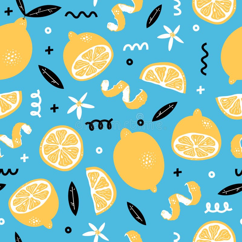Summer Seamless Pattern with Yellow Lemons, Flowers and Leaves. Fruit ...