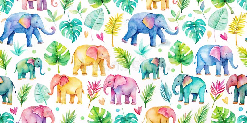 Summer Seamless Watercolor Elephant Pattern Background AI Generative ...