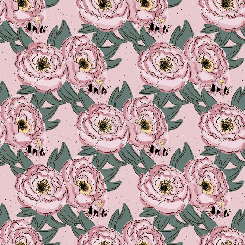 Summer Seamless Watercolor Pattern with Pink Peonies Background Stock ...
