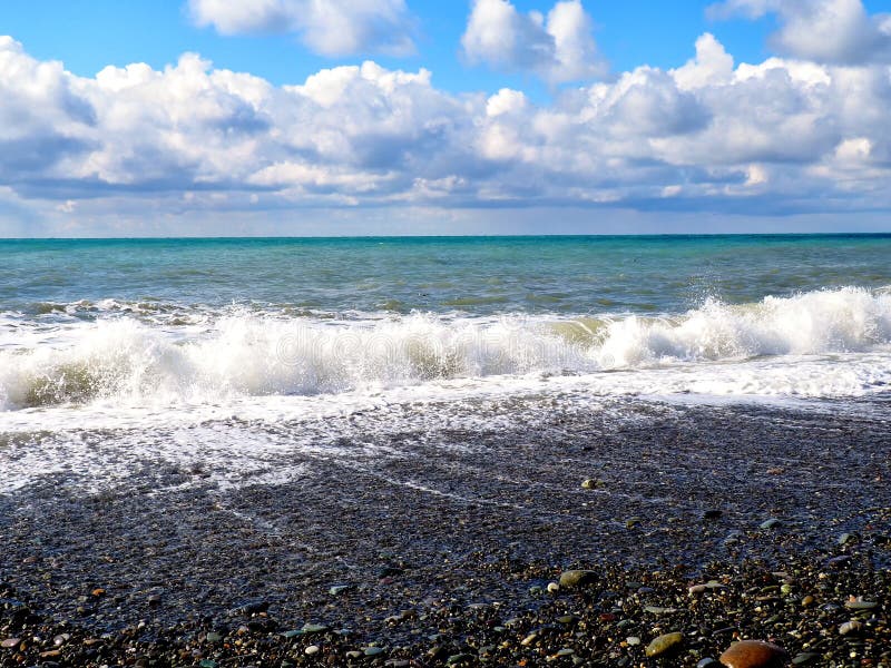 Summer Seascape, Sea and Waves, Clear Blue Sky, Stone Beach Stock Photo ...