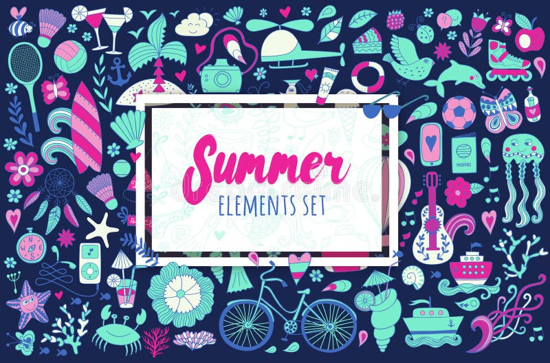 Summer Set Doodle Elements. Travel Drawing Stock Vector - Illustration ...