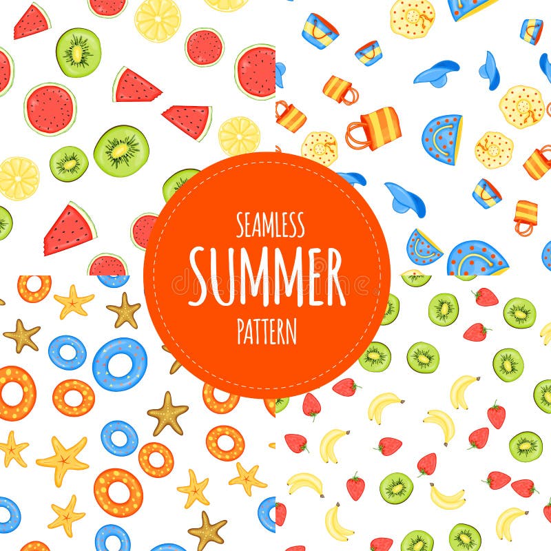 Summer Set of Seamless Pattern on White Background. Cartoon Style ...