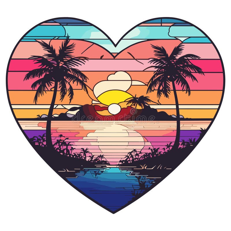 For Summer in the Shape of a Heart, Sunset Palm Trees and Ocean Stock ...
