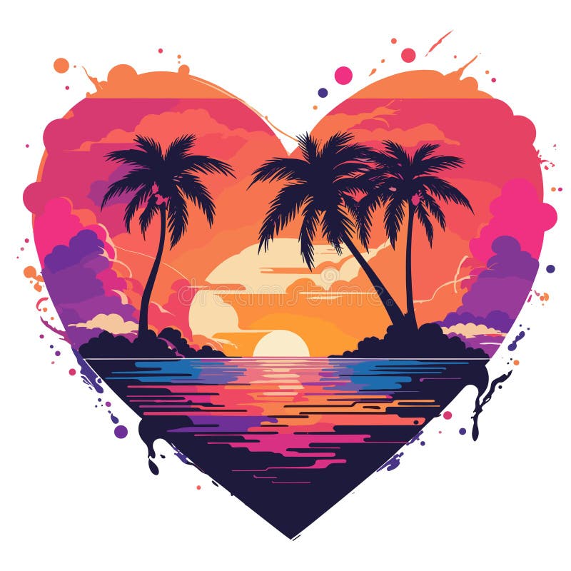 For Summer in the Shape of a Heart, Sunset Palm Trees and Ocean Stock ...