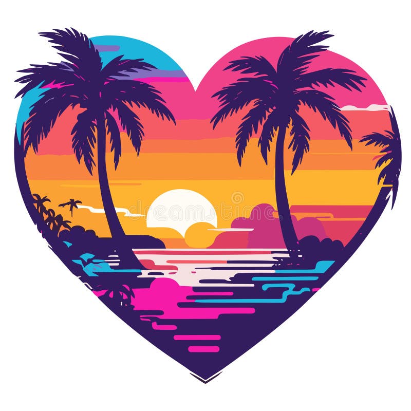 For Summer in the Shape of a Heart, Sunset Palm Trees and Ocean Stock ...