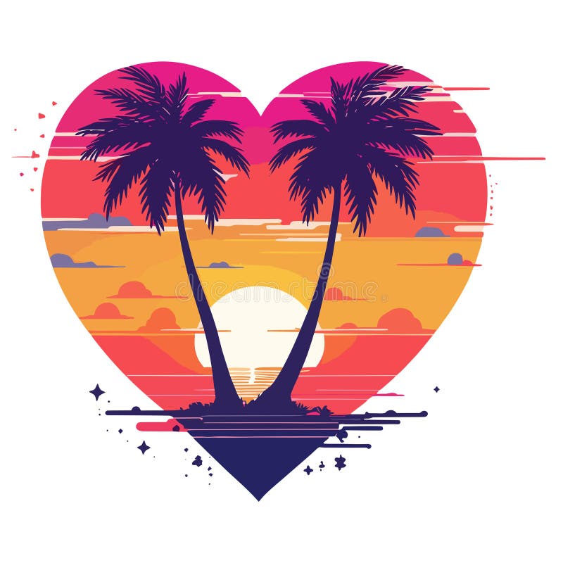 For Summer in the Shape of a Heart, Sunset Palm Trees and Ocean Stock ...
