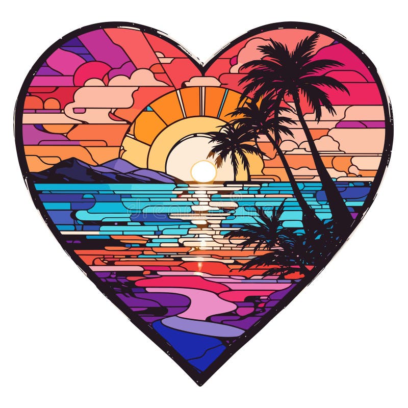 For Summer in the Shape of a Heart, Sunset Palm Trees and Ocean Stock ...
