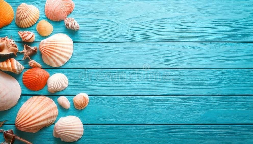 Summer Shells on Light Blue Wooden Banner Background Stock Illustration ...