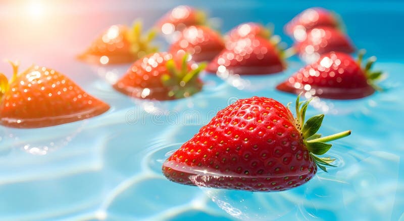 Strawberries Floating on a Sunlit Blue Pool Stock Illustration ...