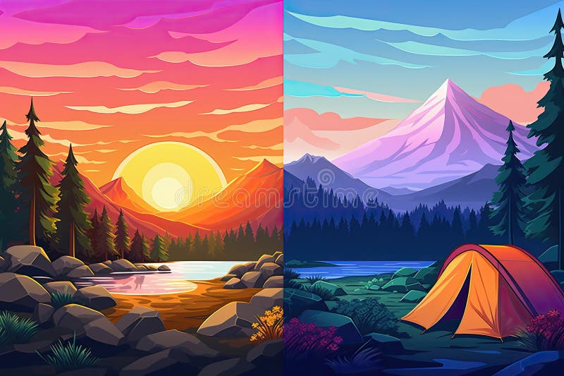 Summer and Spring Sunset Camping in Mountains Stock Illustration ...