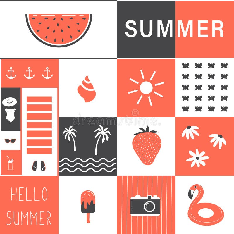 Summer Square Pattern. Seamless Geometric Checkered Print with Summer ...