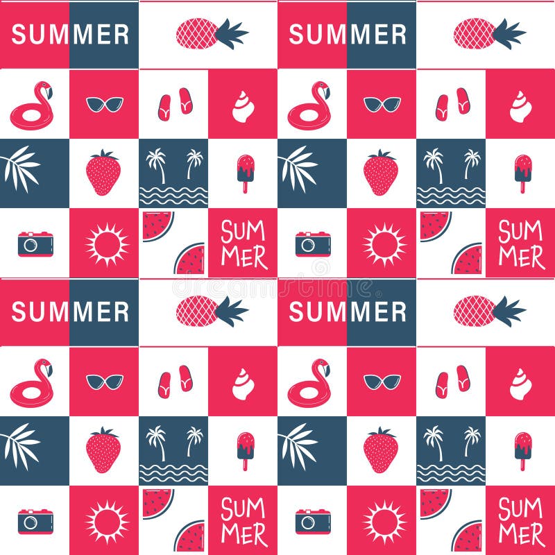 Summer Square Pattern. Seamless Geometric Checkered Print with Summer ...