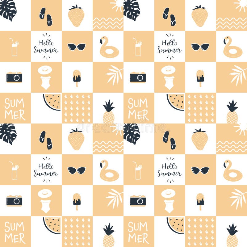 Summer Square Pattern. Seamless Geometric Checkered Print with Summer ...