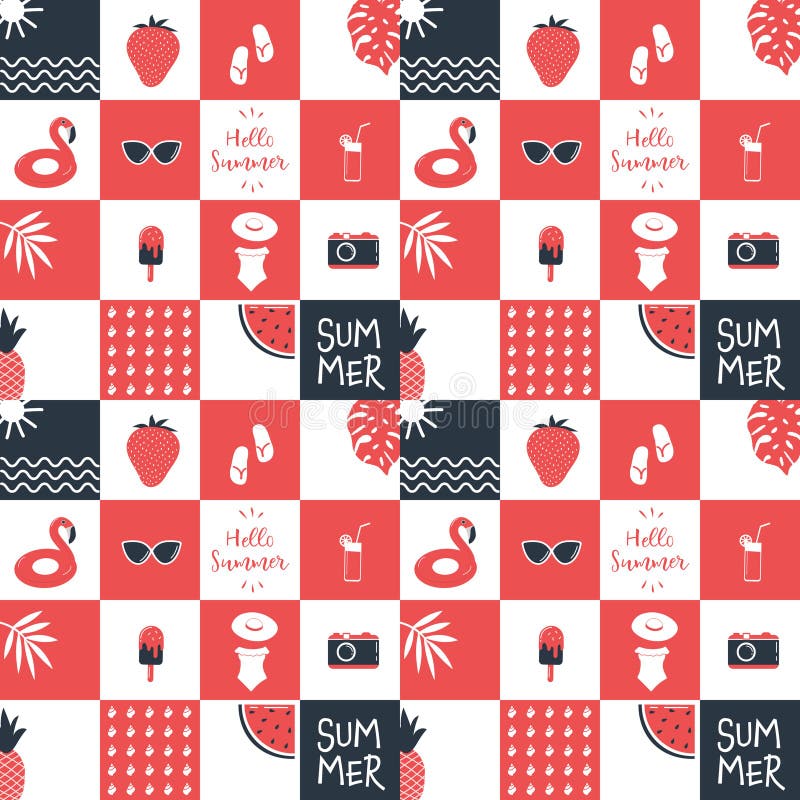 Summer Square Pattern. Seamless Geometric Checkered Print with Summer ...