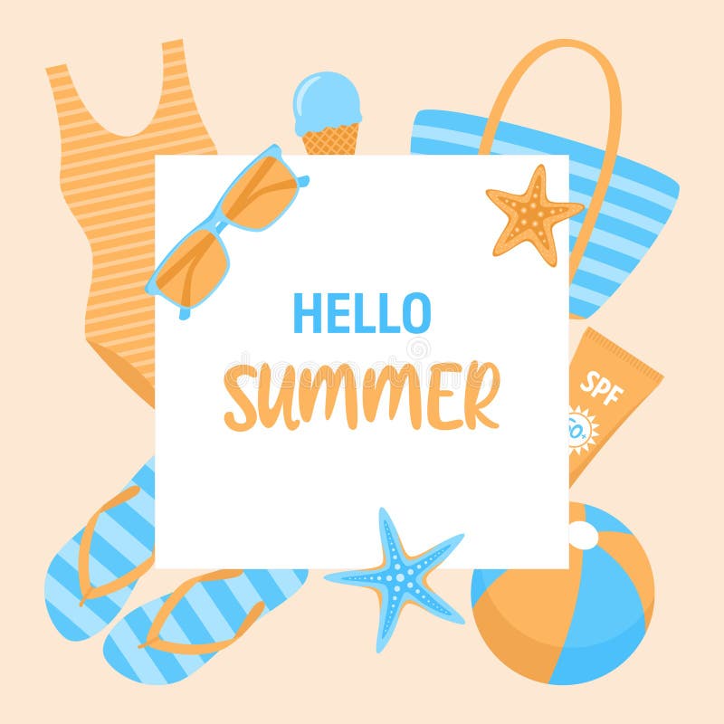 Summer Square Template with Beach Items Frame. Vector Illustration ...