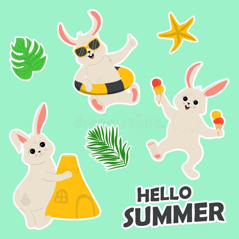 Summer Sticker Pack with Rabbit Stock Vector - Illustration of party ...