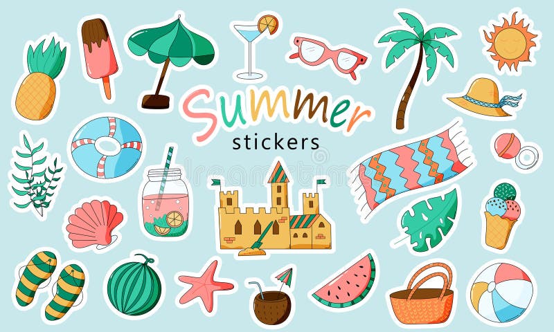 Summer Sticker Set. Beach Accessories and Elements Stock Vector ...