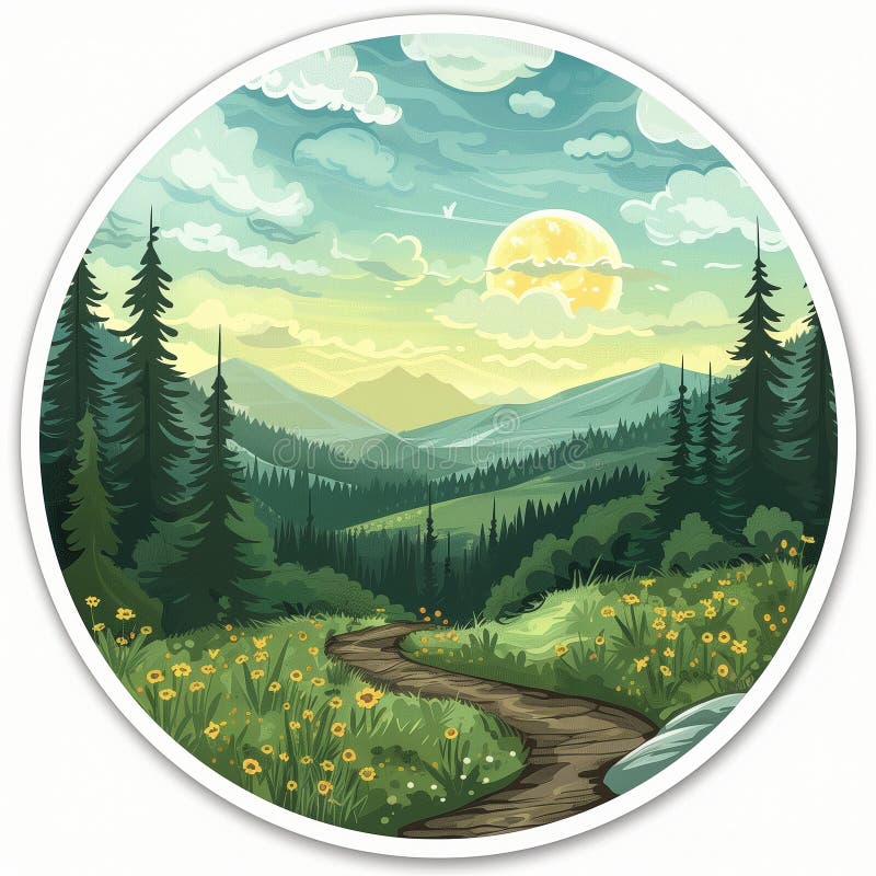 Summer Stickers with Forest, Field, Sky and Hiking Stock Image - Image ...