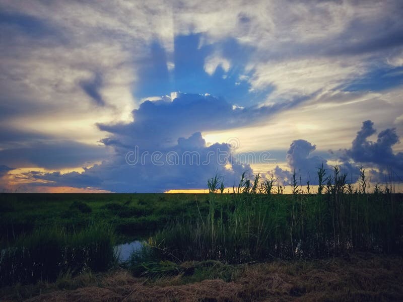 Summer Storm Clouds Over the Marsh at Sunset. Stock Image - Image of ...