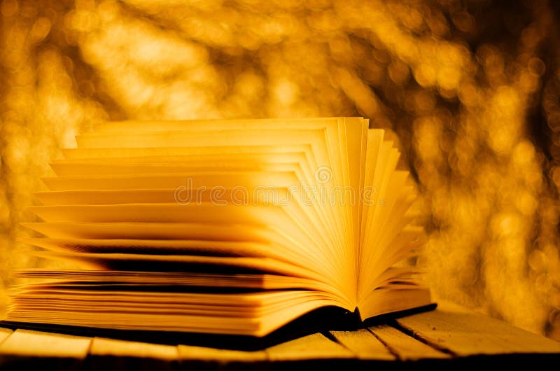 Winter Story. Open Book on Wooden Snowy Blue Background Stock Photo ...