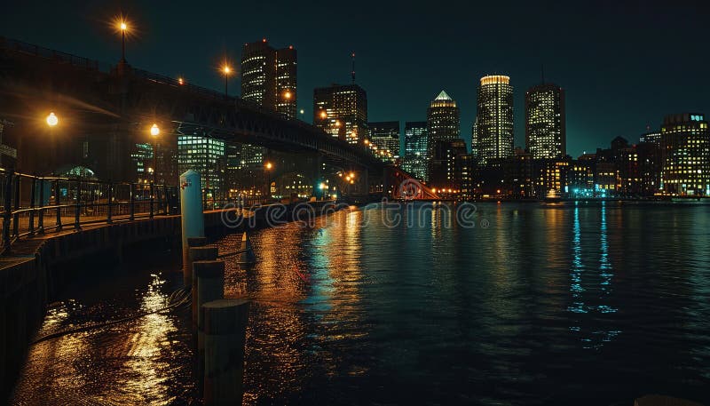 The Summer Street Bridge at Night in Boston Stock Illustration ...