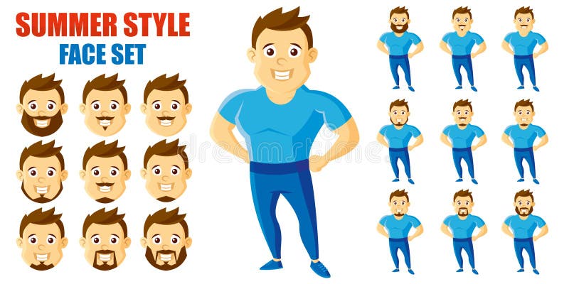 Summer Style Man Face Set Cartoon Character Stock Vector - Illustration ...