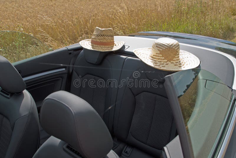 Summer, Sun, Car with Two Straw Hats Stock Photo - Image of inside ...