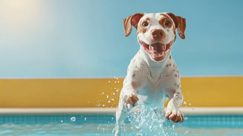 Happy Dalmatian Dog Jumping into a Swimming Pool Under Bright Sunlight ...