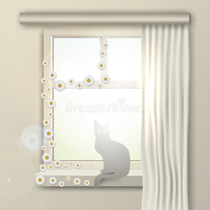 In the Summer Sunny Morning, a Cat Sits on a Window with Flowers. Stock ...