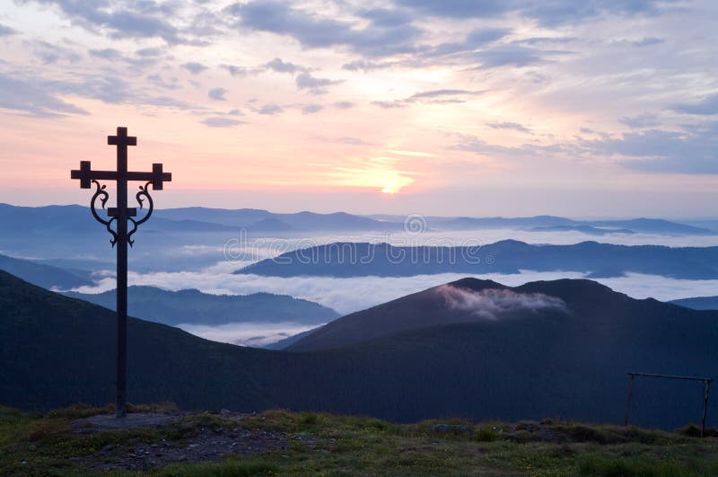 Summer Sunrise Mountain View with Cross Stock Image - Image of dusk ...