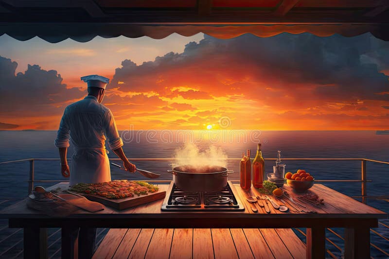 Summer Sunset, with Chef Cooking and Preparing Dinner on the Deck Stock ...