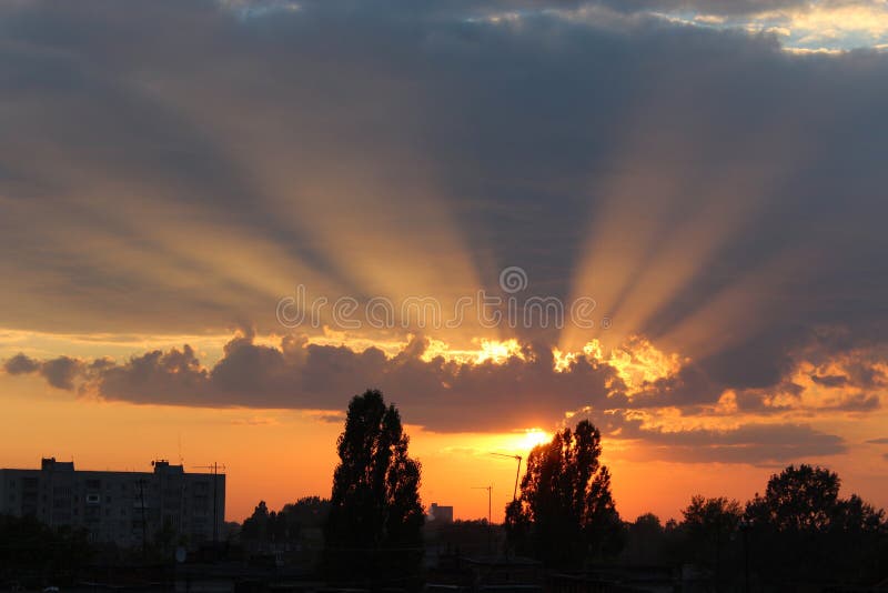 Summer Sunset with Dark Sky and Sun Beams Stock Image - Image of ...