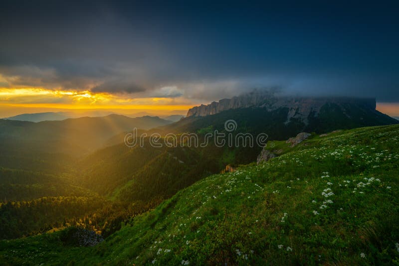 Summer Sunset in the Mountains with a Ray of Light Stock Photo - Image ...