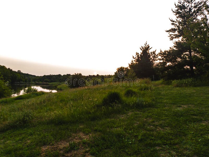 Summer Sunset Over a Lake and a Green Hill with Trees and Grass. Stock ...