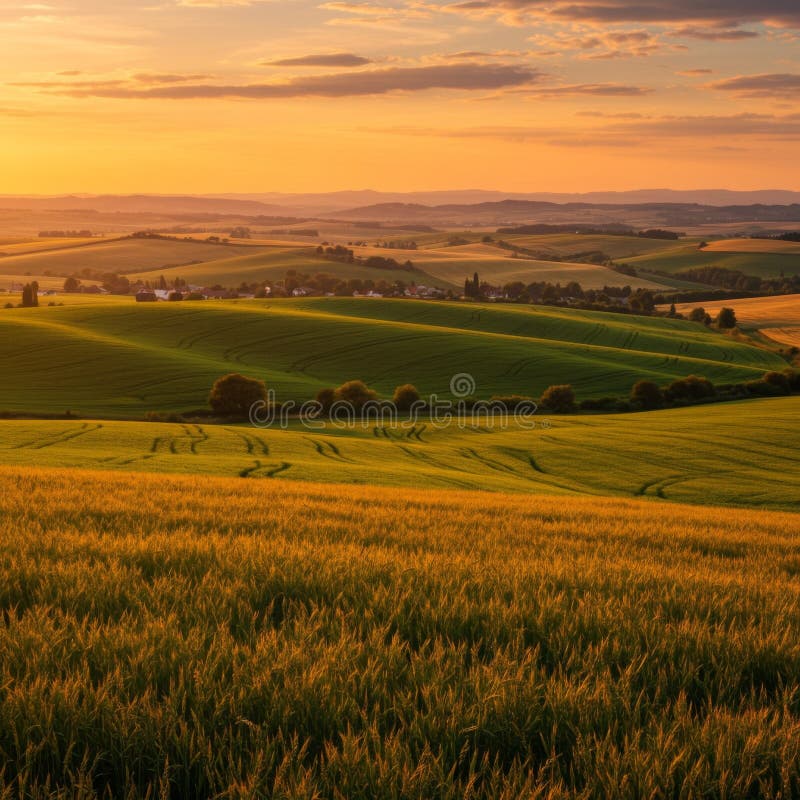 Summer Sunset Over Rolling Green Hills and Fields Stock Illustration ...