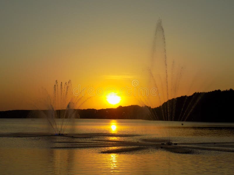 Summer Sunset between Two Fountain in the Lake Stock Photo - Image of ...