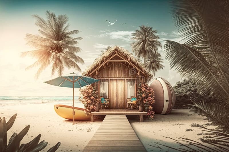 Summer Surf Beach House and Surf Board Stock Photo - Image of ...